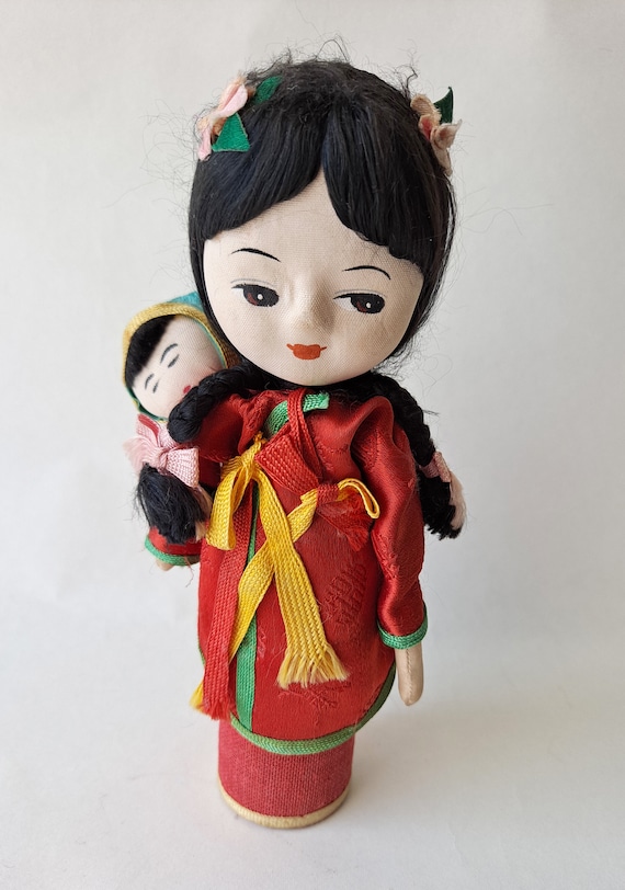 Vintage Chinese Peg Doll in Red Kimono With a Sleeping Baby on | Etsy