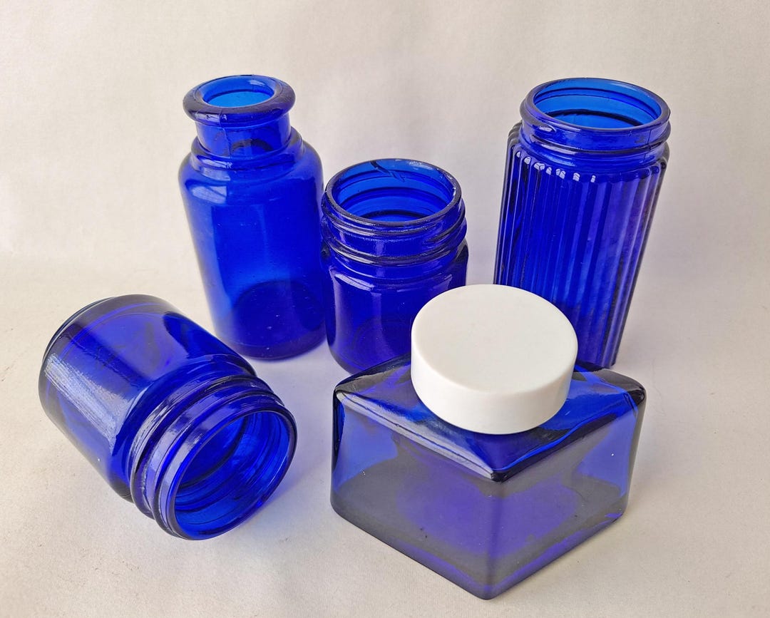 Set of 5 Vintage Cobalt Blue Jars Including Vick's and Parker Ink Jars ...