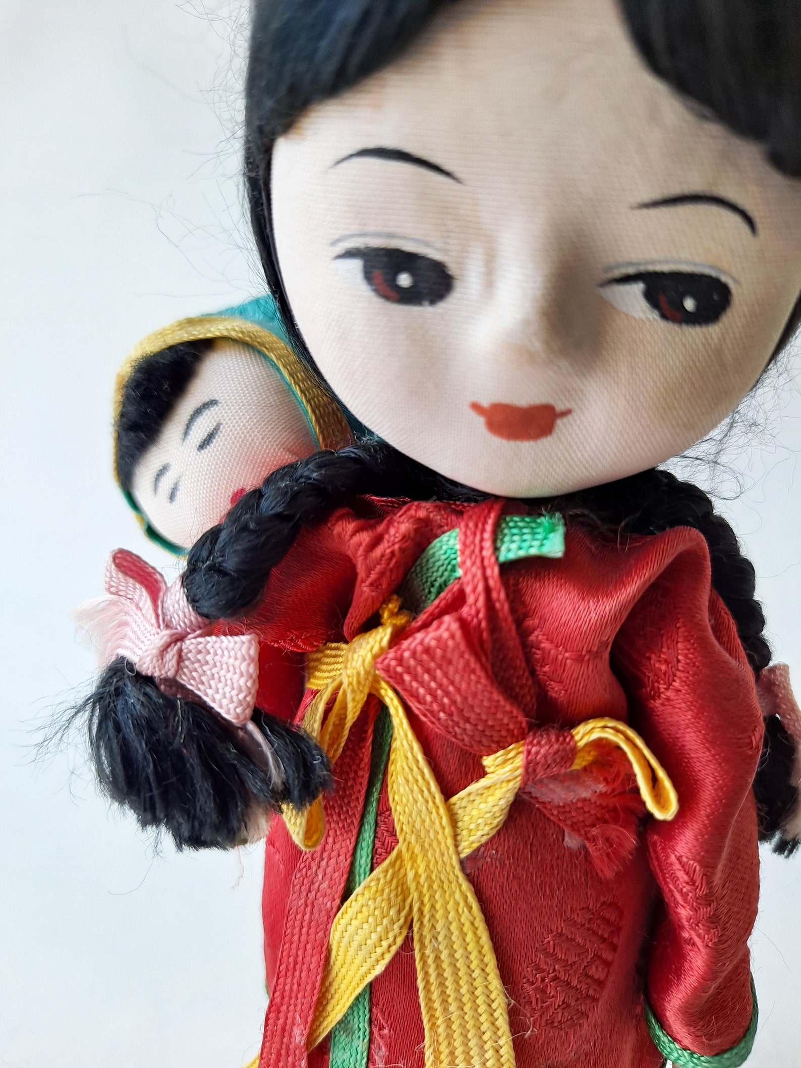 Vintage Chinese Peg Doll in Red Kimono With a Sleeping Baby on Her Back ...