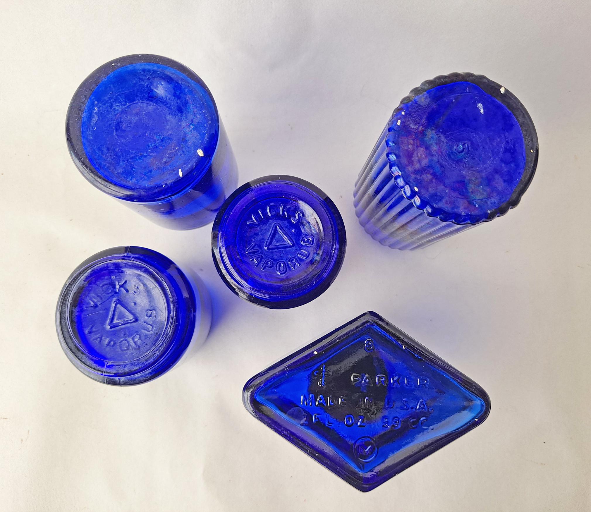 Set of 5 Vintage Cobalt Blue Jars Including Vick's and Parker Ink Jars ...