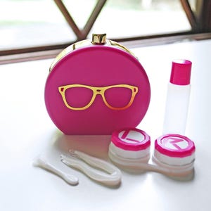 Pink Contact Lens Case and Travel Kit: Gold Foiled Eye Glasses Design ...