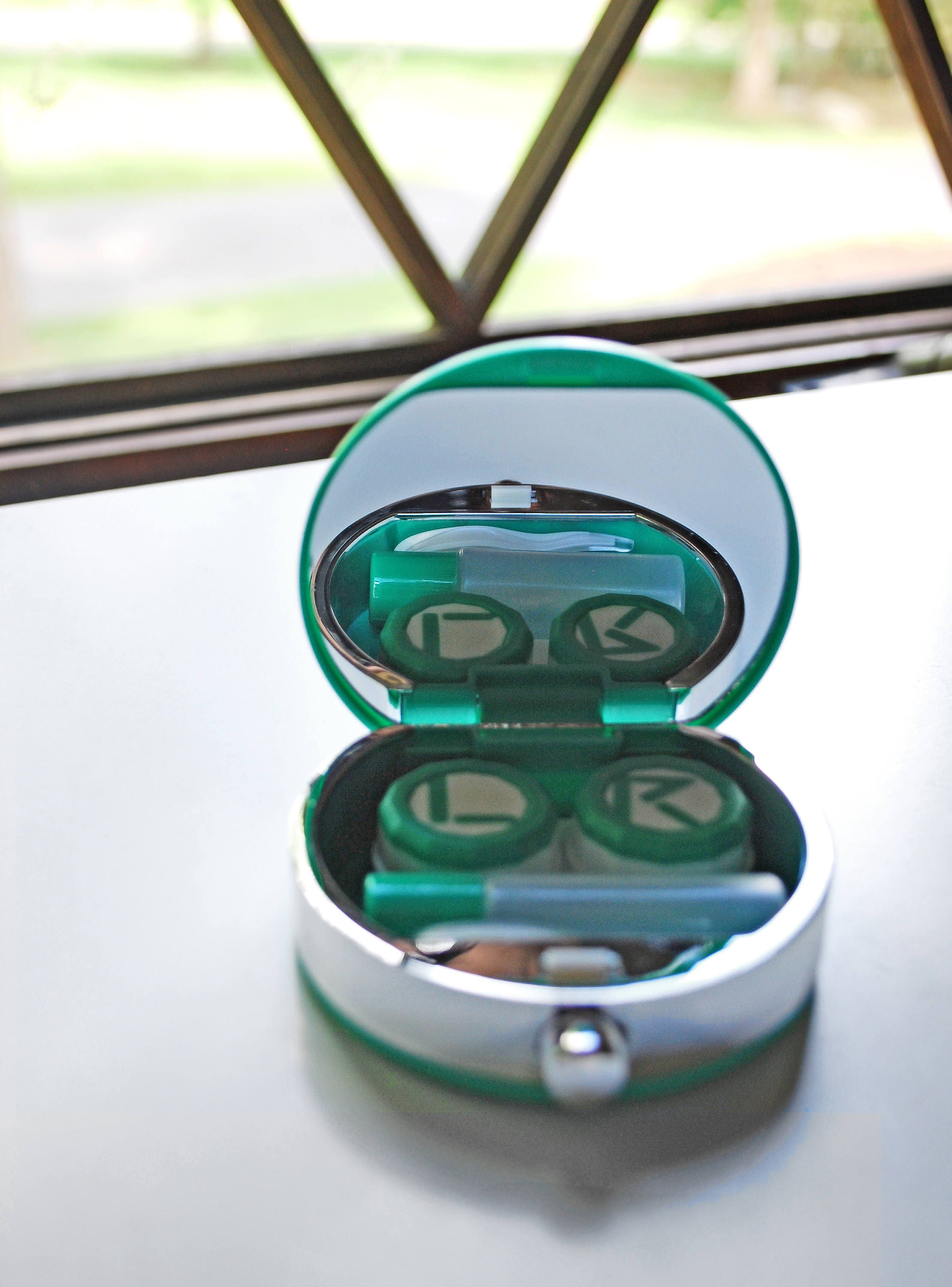Green Contact Lens Case and Travel Kit: Silver Foiled Eye Glasses ...