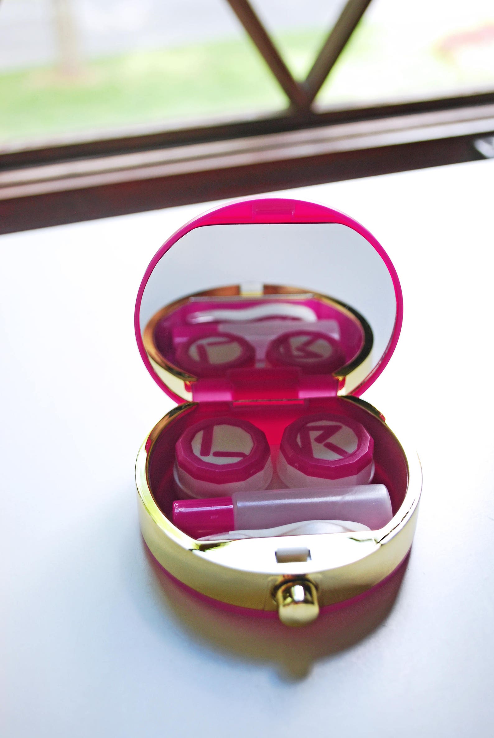 Pink Contact Lens Case and Travel Kit: Gold Foiled Eye Glasses Design ...