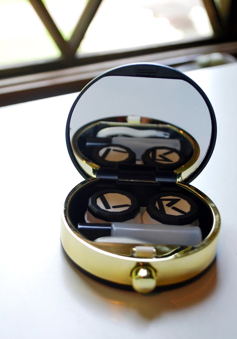 Black Contact Lens Case and Travel Kit: Gold Foiled Eye Glasses Design ...