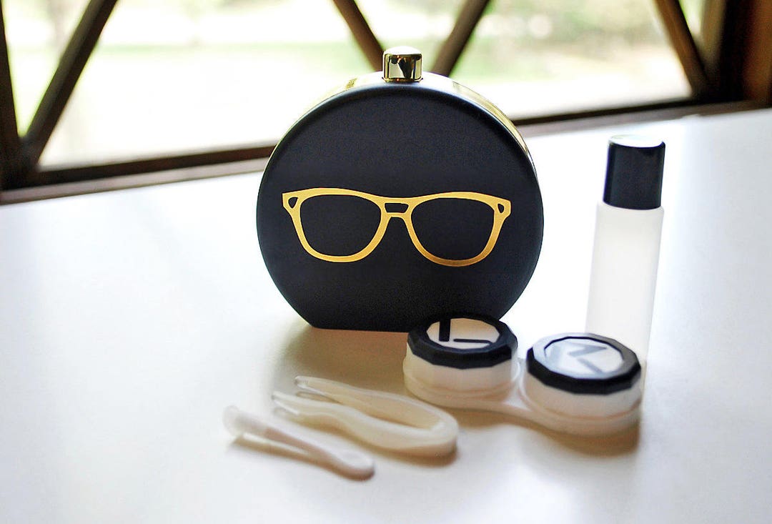 Black Contact Lens Case and Travel Kit: Gold Foiled Eye Glasses Design ...