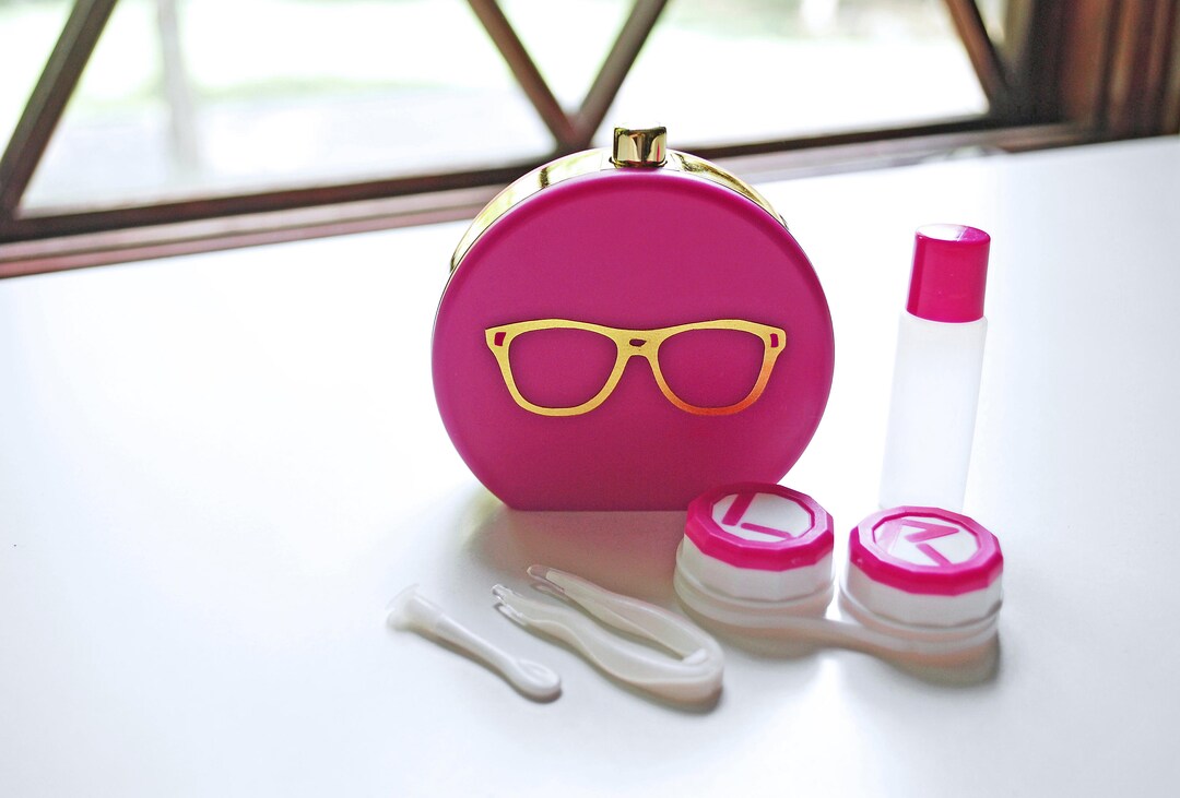 Pink Contact Lens Case and Travel Kit: Gold Foiled Eye Glasses Design ...