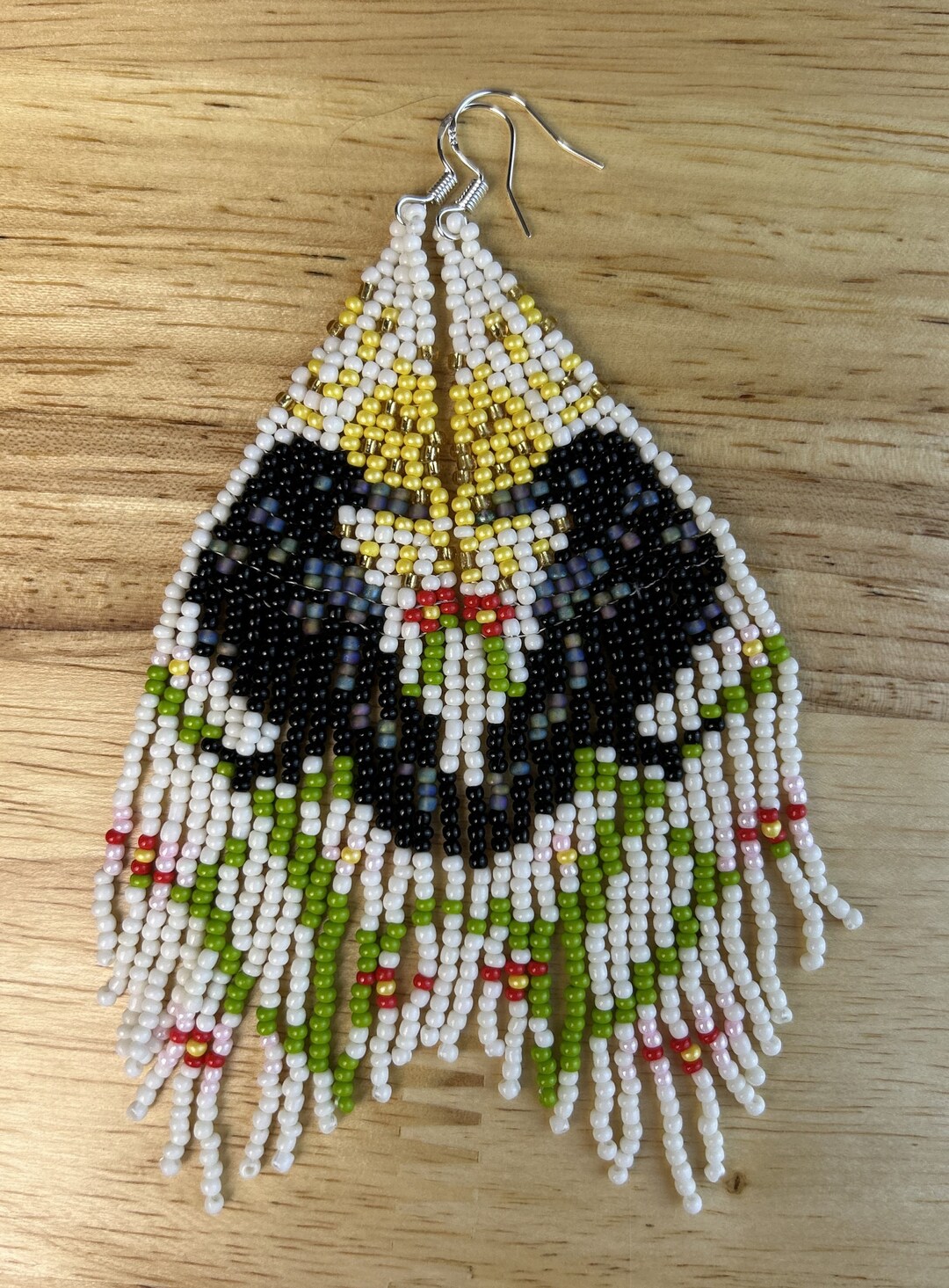 Raven Glass Beaded Fringed Earrings/native American Raven Earrings ...