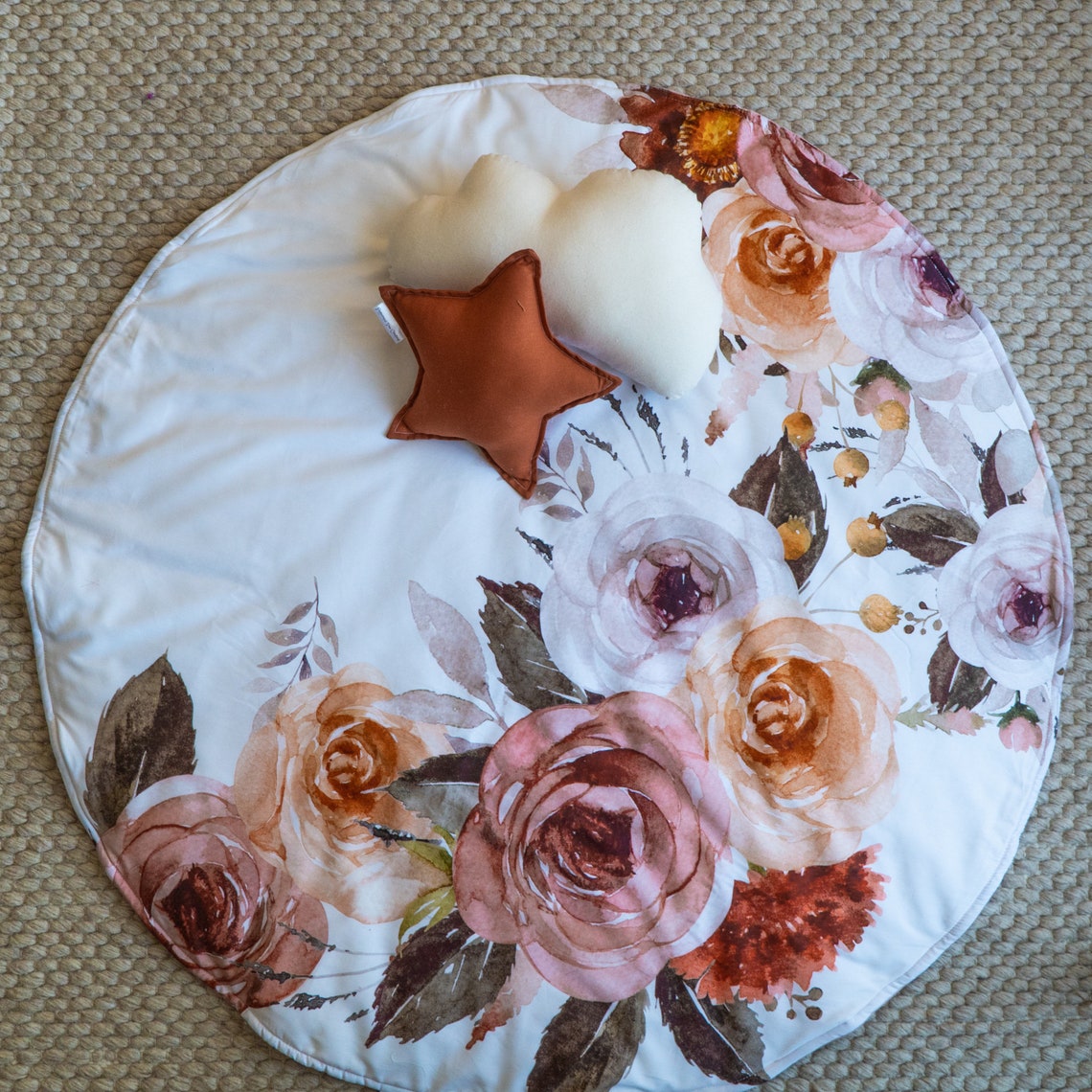 Round Playmat Baby Nursery Throw Rug White Large Floral Blithe - Etsy