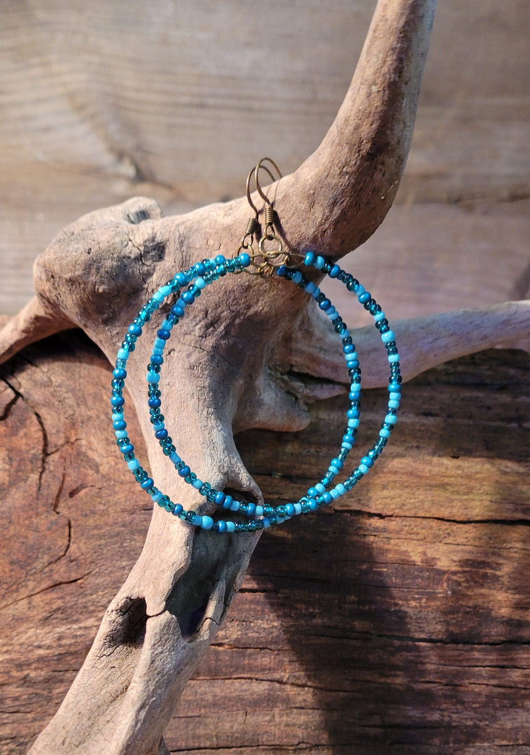 Blue Beaded Hoop Earrings, Ocean Blue Hoop Earrings, Large Hoop ...