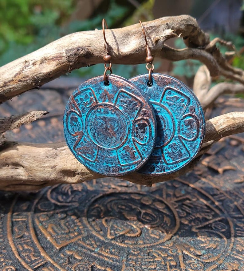Copper Patina Aztec Sun God Earrings Mexico Earrings Aztec - Etsy