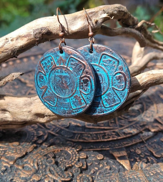 Copper Patina Aztec Earrings Aztec Sun God Earrings Mexico Etsy