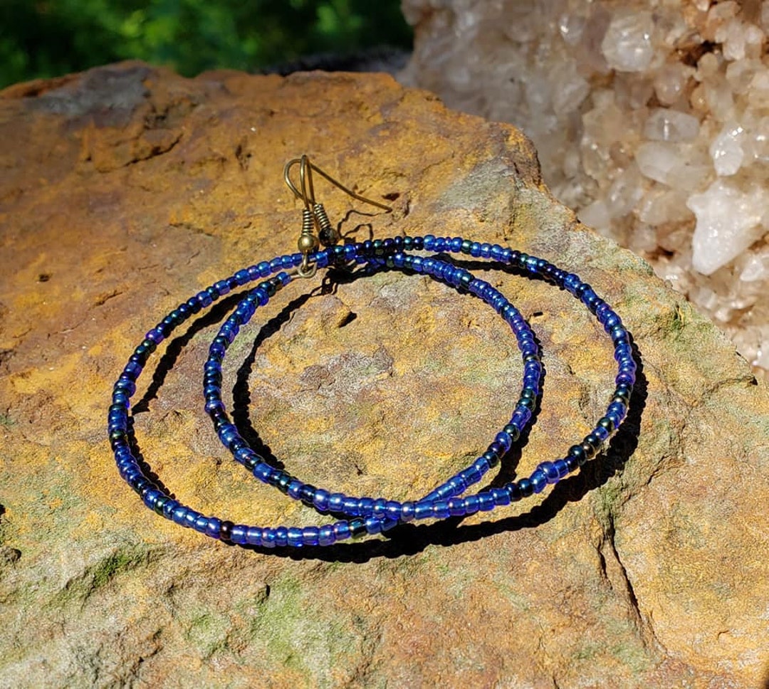 Blue Beaded Hoop Earrings, Navy Blue Hoop Earrings, Large Hoop Earrings ...