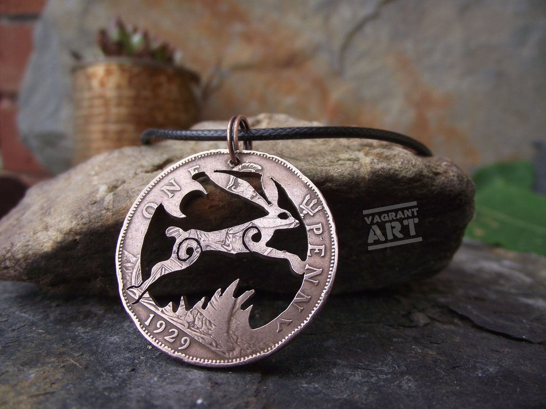 Leaping Hare and the Moon Coin Necklace, Hand Cut From a 1929 Bronze ...