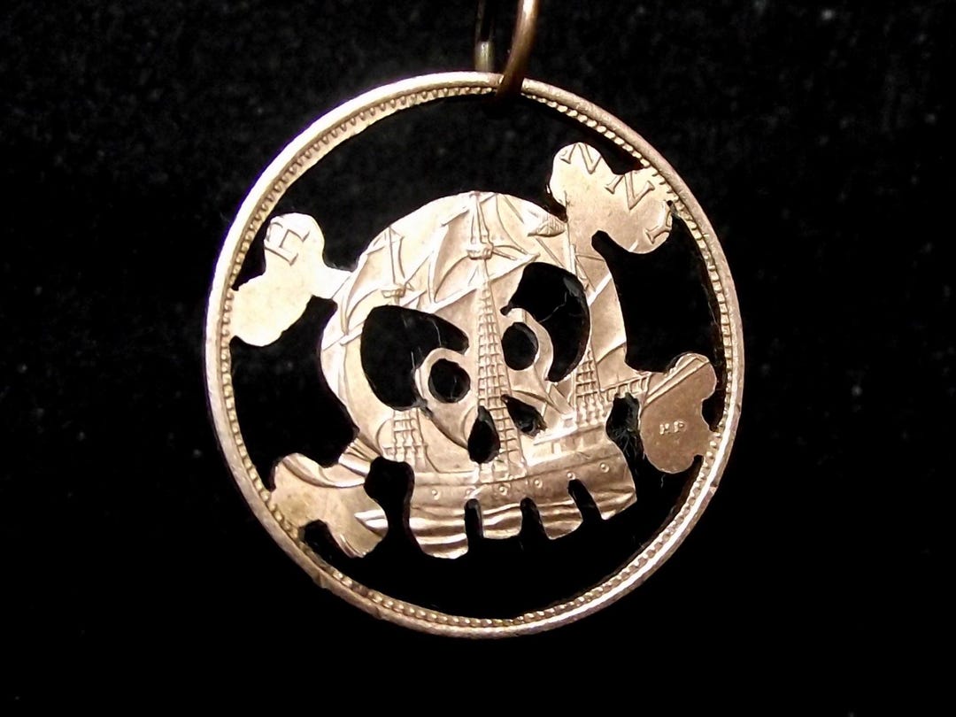 Skull and Crossbones Coin Necklace, Pirate Jewellery, Genuine Hand Cut ...