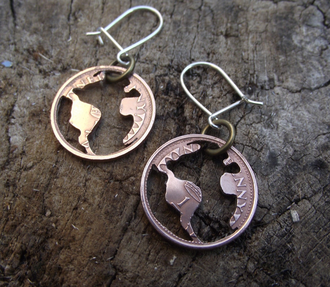 WORLD MAP Earrings, Hand Cut From Bronze Half Pennies, Globe Jewellery ...