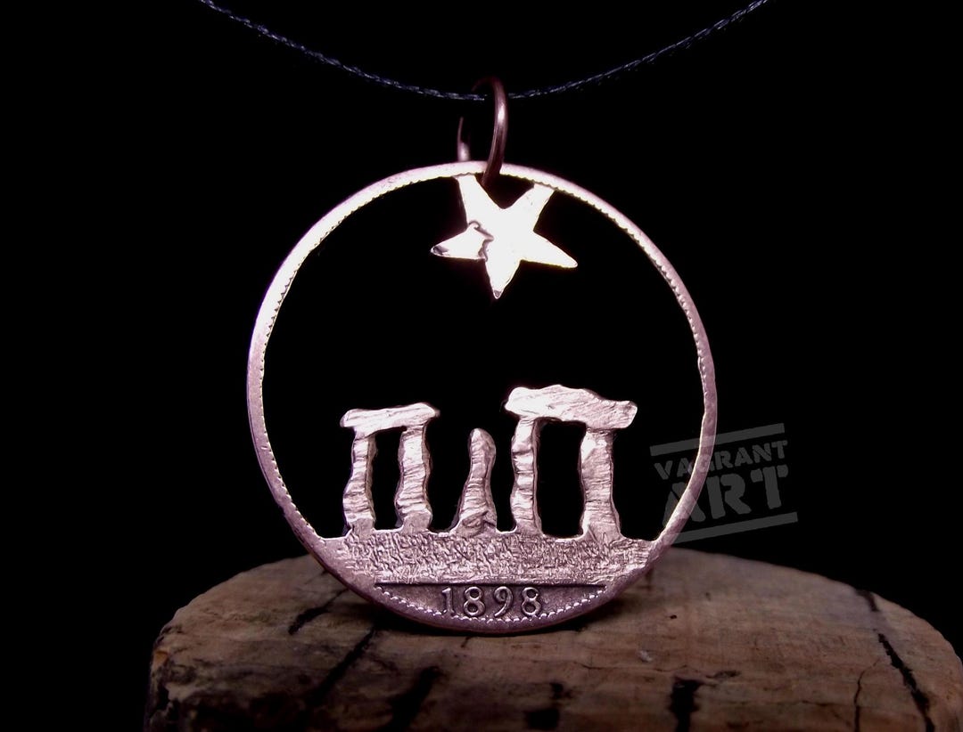 Hand Cut Stonehenge Necklace, Vintage 1898 Bronze Penny, Pagan, Druid ...