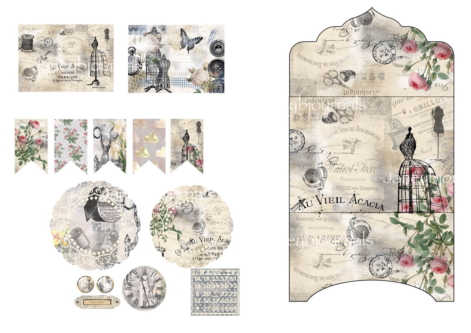 Junk Journal Kit Printable Papers and Ephemera,sewing and Roses Popular ...