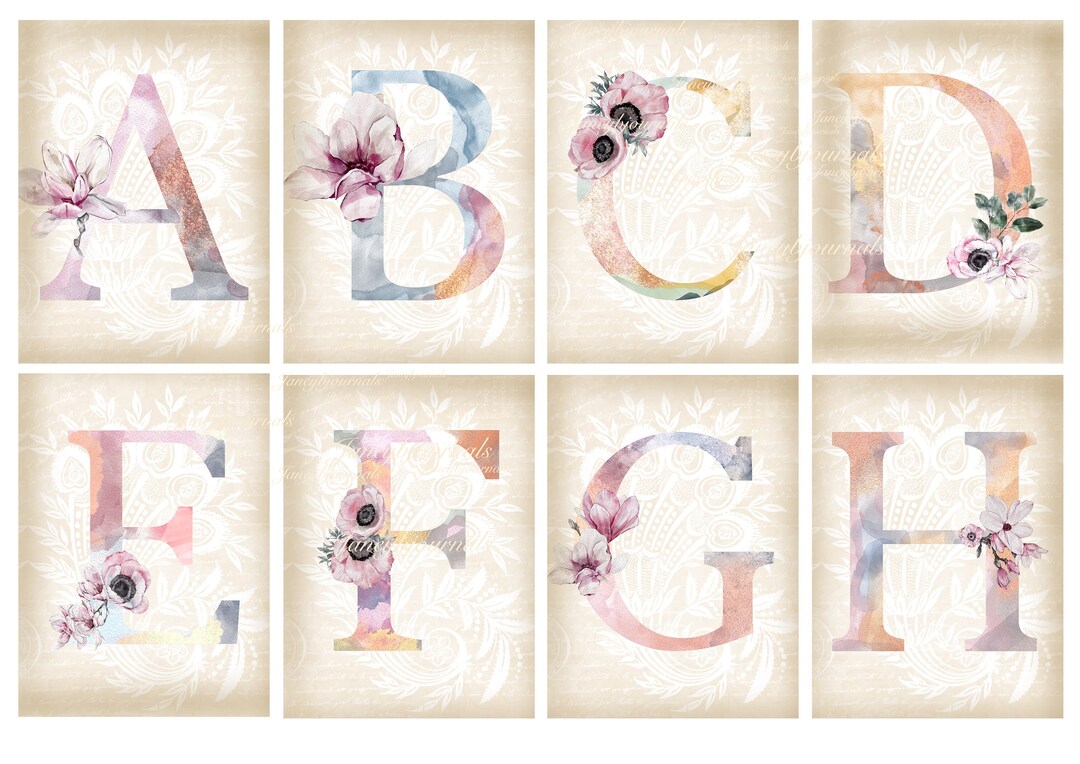 Alphabet Junk Journal Cards, Floral, 4 A4 Sheets, Monograms, Journal ...