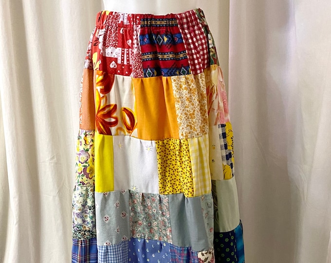 Boho Patchwork Cotton Maxi Skirt in Rainbow Tones Features Seven ...
