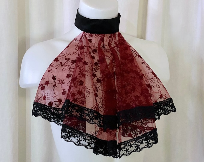 Burgundy Lace Ascot W/black Lace Edging on Black Matte Satin Collar and ...