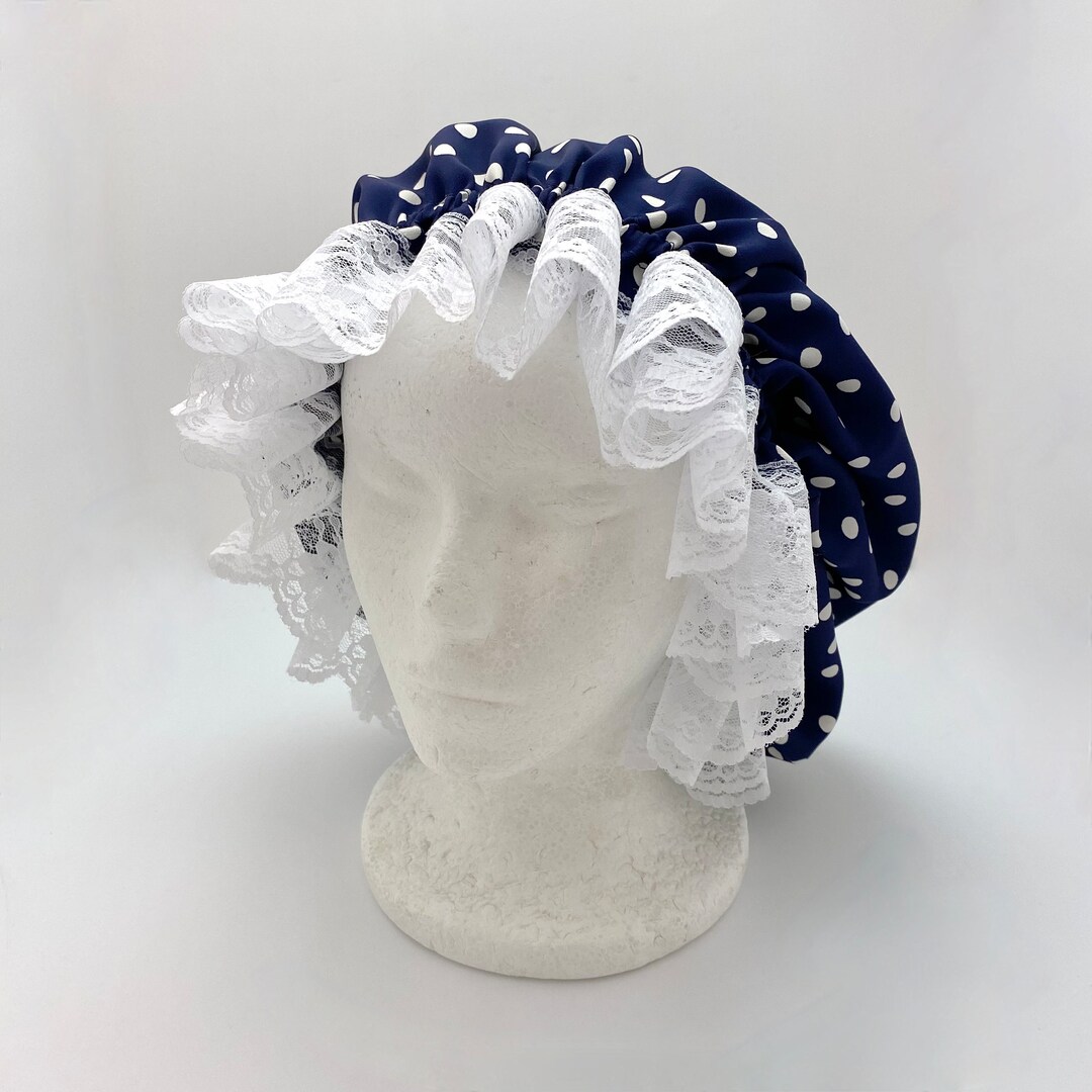 Navy Blue & White Polka Dot Mop Cap in Rayon With White White Lace ...