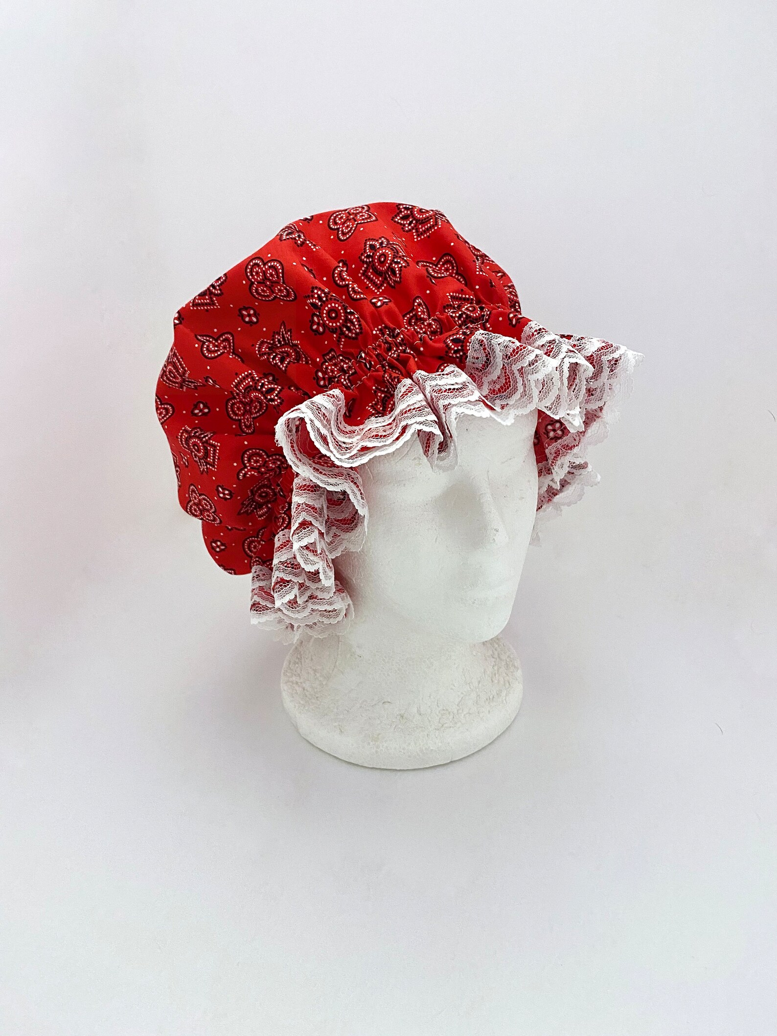 Red Cotton Calico Mop Cap in a Bandana Print With White Lace - Etsy