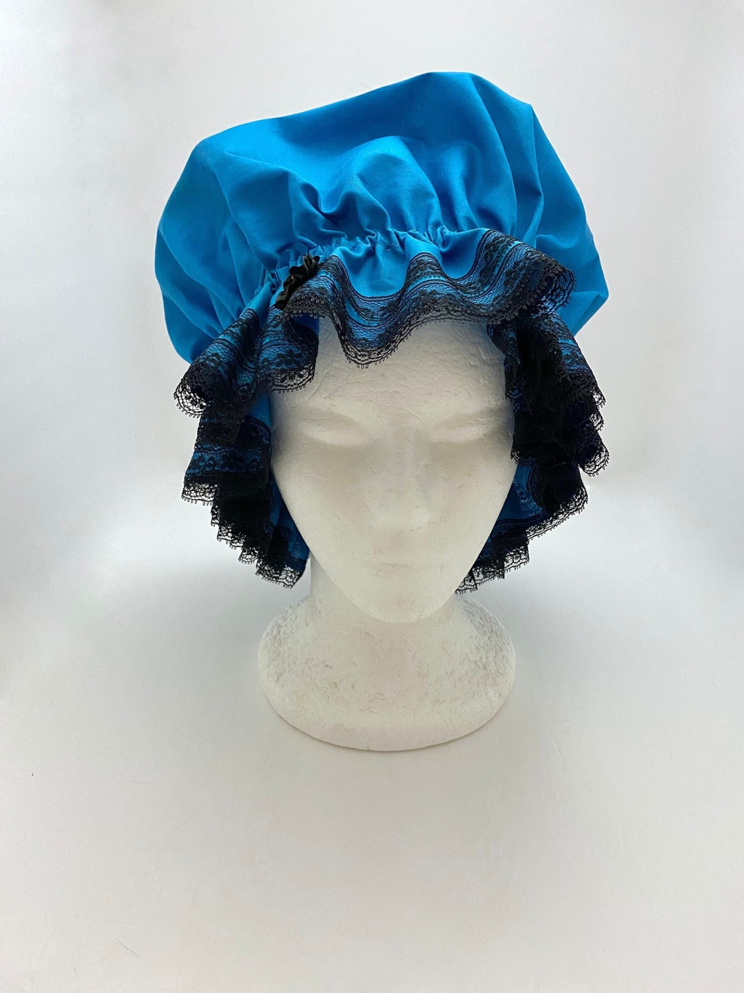 Cotton Mop Cap in French Blue With Black Lace Trim and Narrow Elastic ...