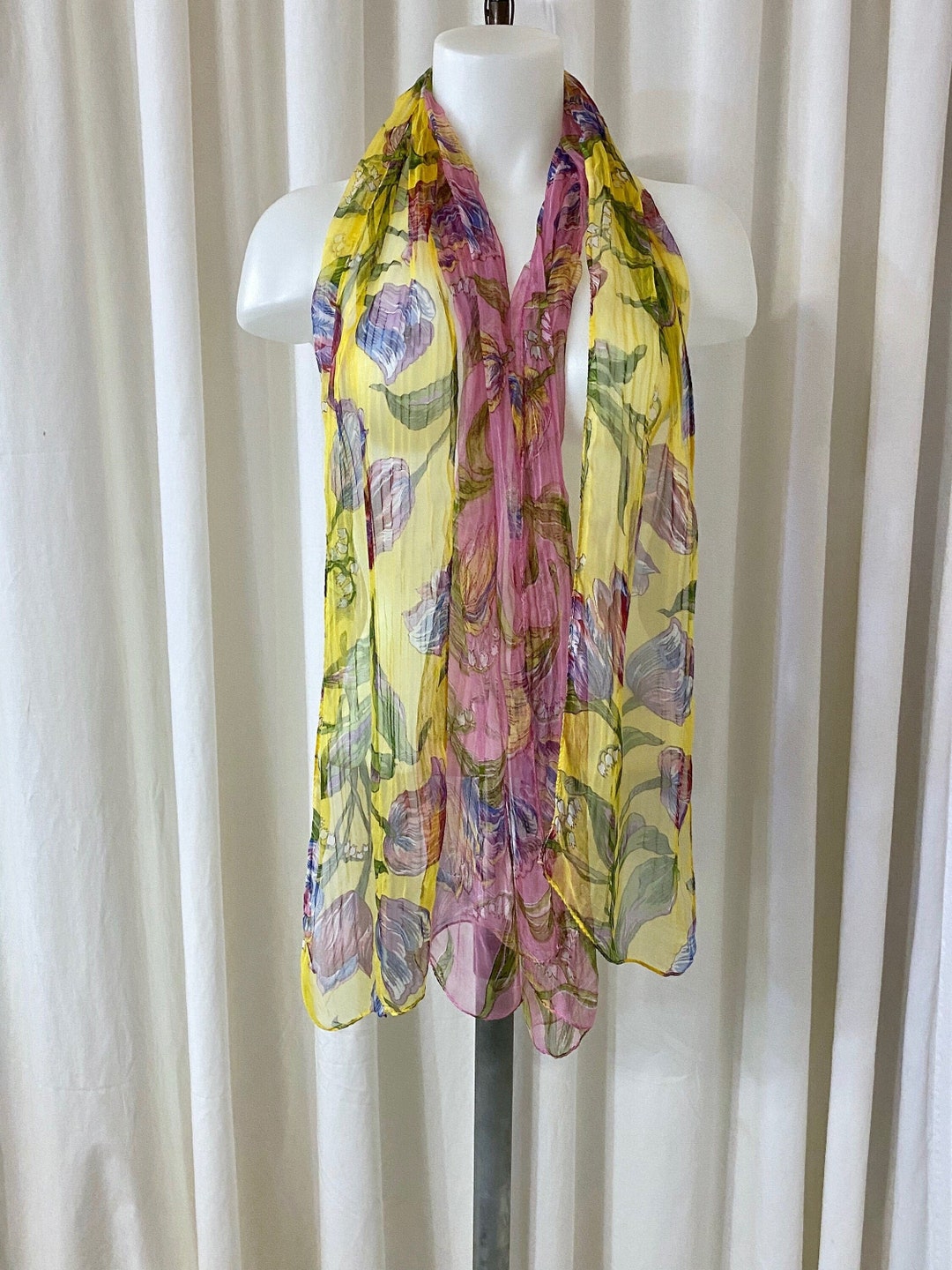 Long Sheer Neck Scarf in Yellow or Pink Chiffon With Tulip Prints, You ...