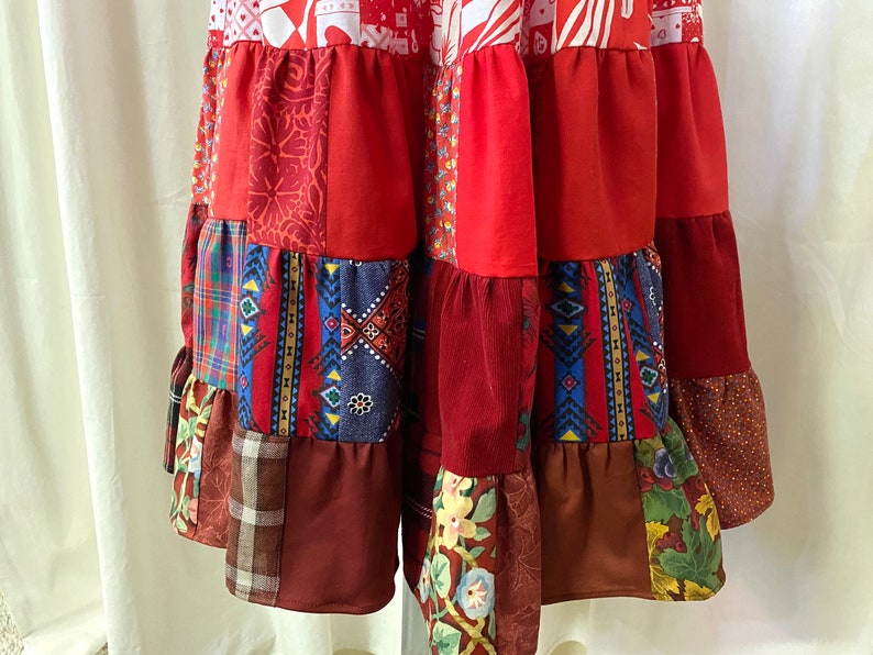 Boho Patchwork Cotton Skirt in Red Tones W/five Ruffled Tiers, Below ...