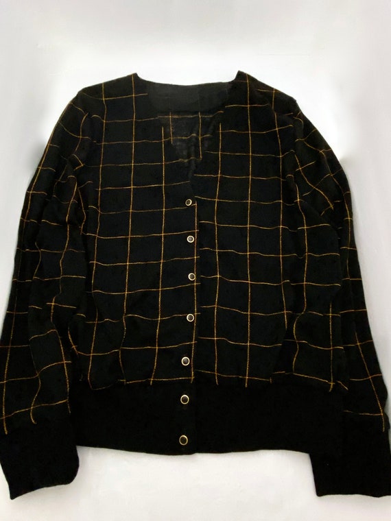 1960s Handmade Cardigan in Black & Orange Grid Print,… - Gem