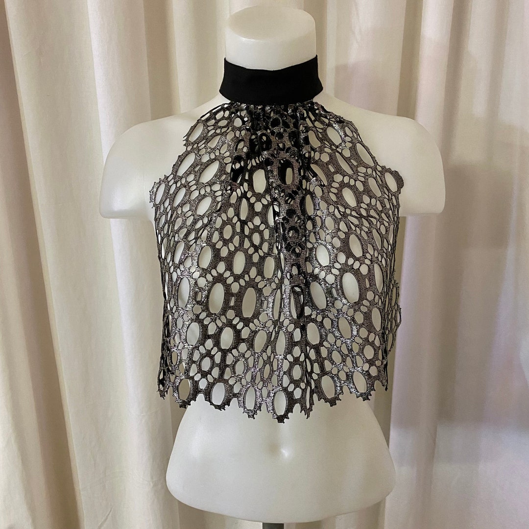 Silvery-gold Chainmail-lace Ascot on Black Linen Collar W/black Frog ...