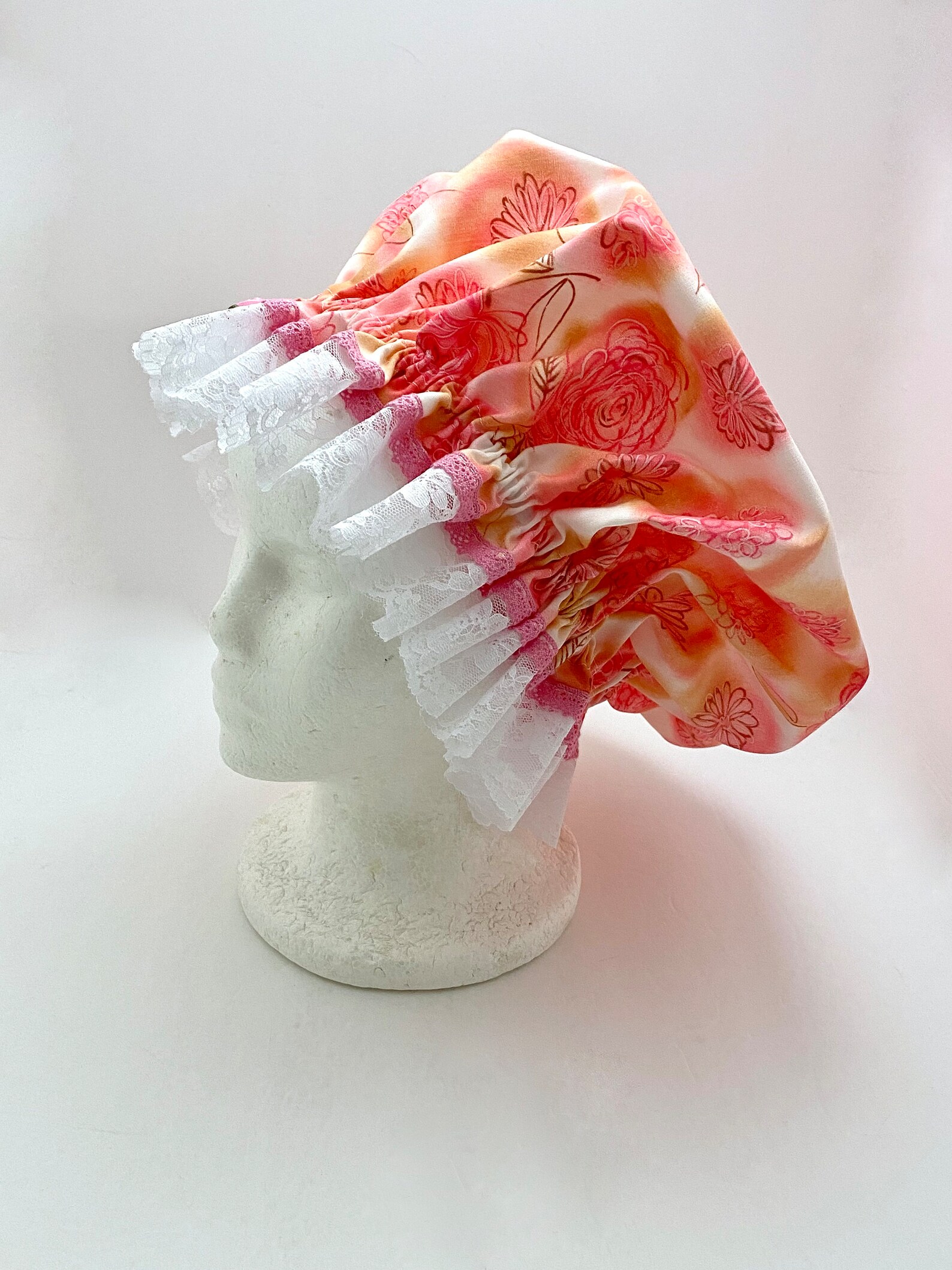 Pink & Coral Floral Print Cotton Mob Cap for Historical Cosplay W/white ...