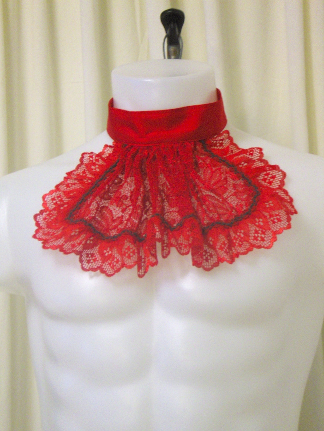 Red Lace Ascot on a Red Silk Collar W/ruffled Lace Trim /red Cording ...