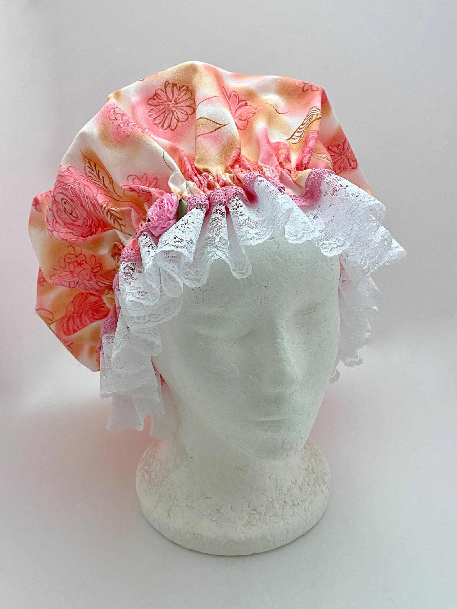 Pink & Coral Floral Print Cotton Mob Cap for Historical Cosplay W/white ...