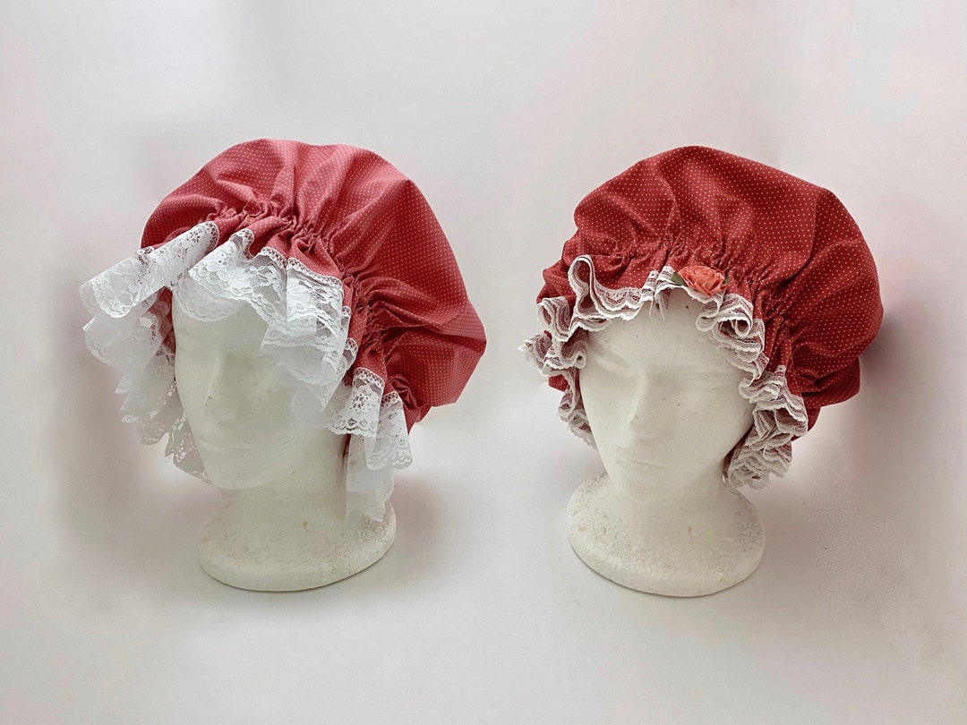 Cotton Mop Cap in Salmon or Rust Micro Dot W/wide White or Narrow Ivory ...