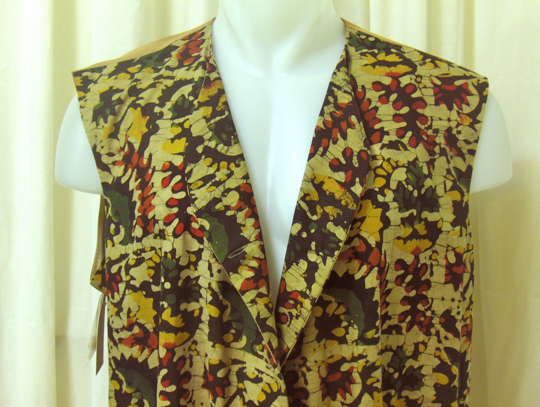 Pirate Costume Vest in Cotton Batik in Khaki Red Black and Green Ikat ...