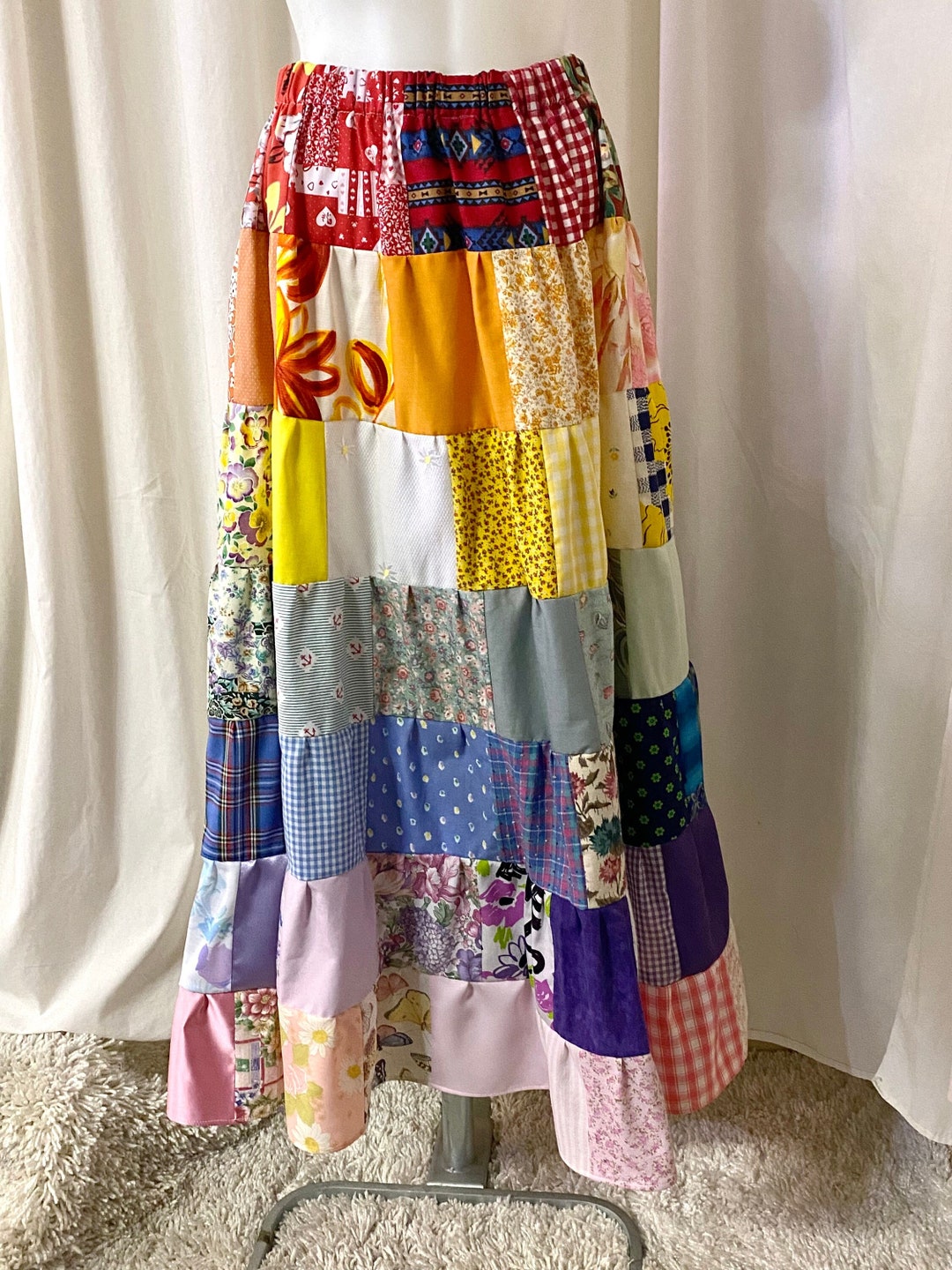 Boho Patchwork Cotton Maxi Skirt in Rainbow Tones Features - Etsy