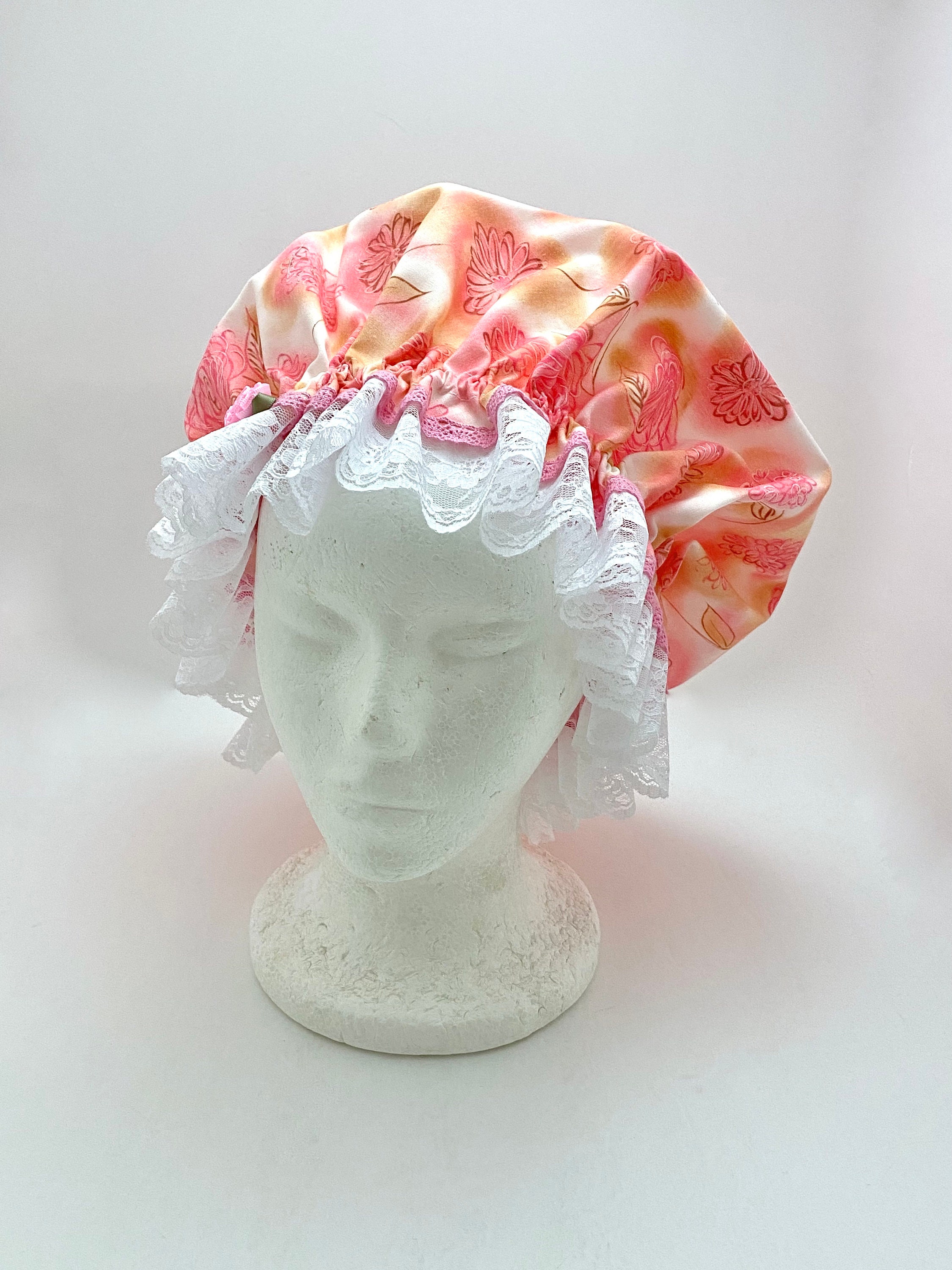 Pink & Coral Floral Print Cotton Mob Cap for Historical Cosplay W/white ...