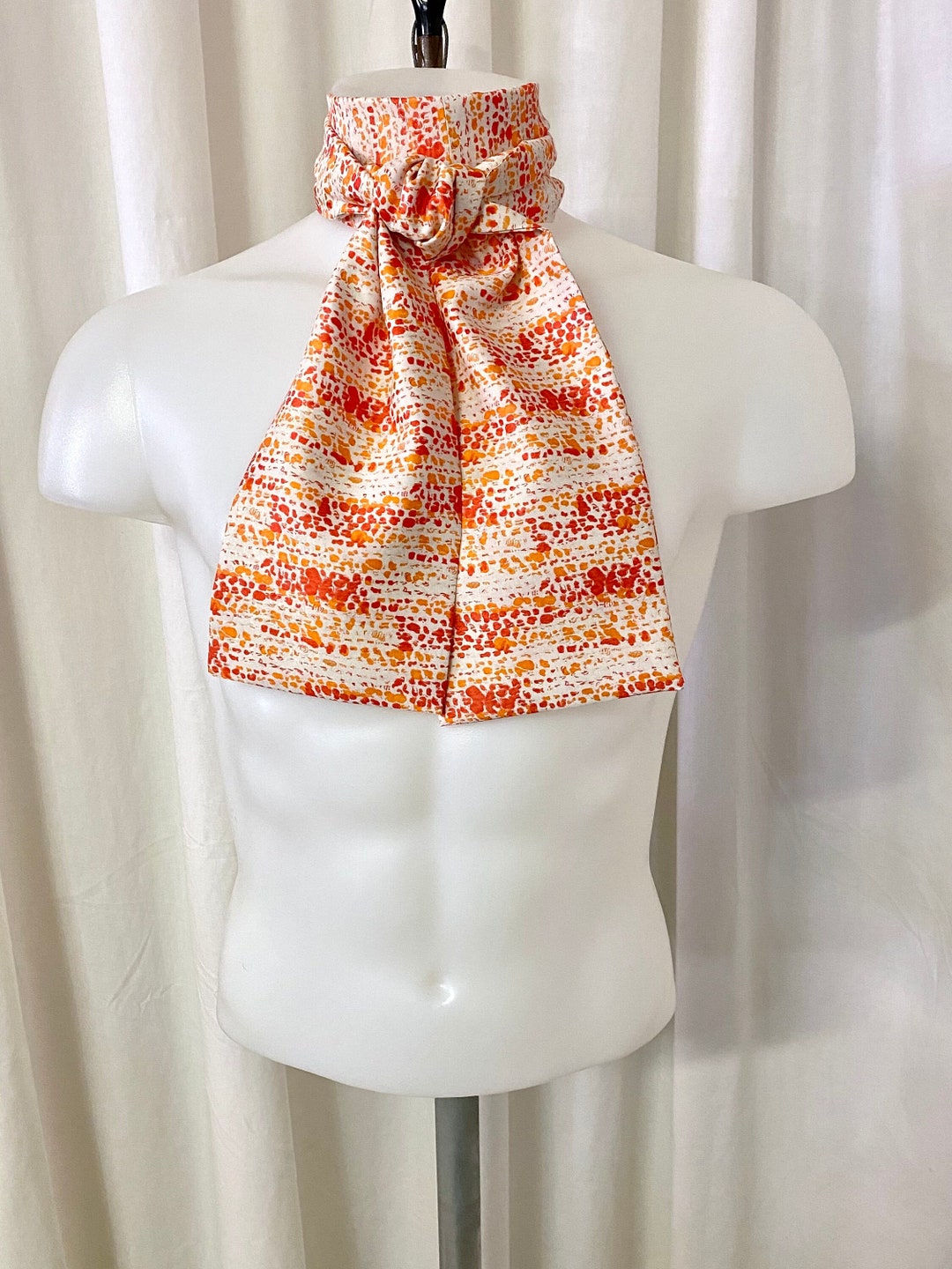 Silk Cravat in Bright Red Orange & Oyster Print W/square Ends for ...
