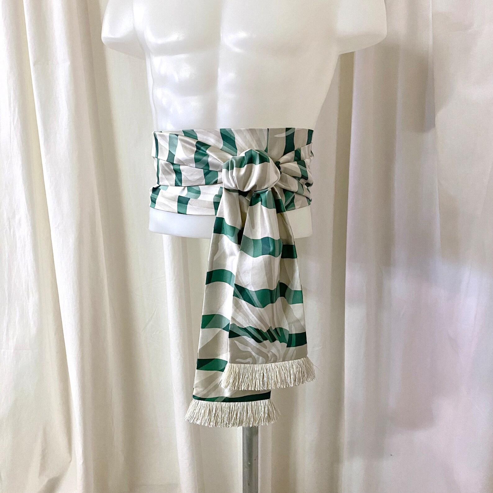 Striped Sash or Tie Belt in Off-white Green & Taupe Cotton W/off-white ...