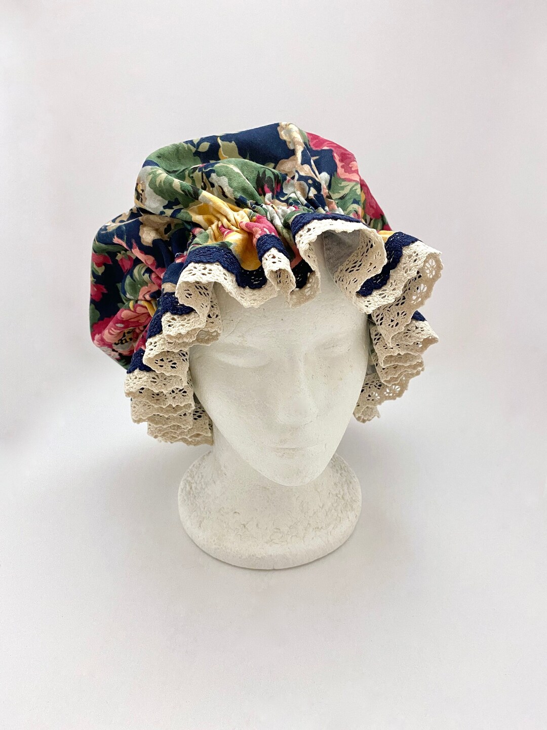 Knit Mop Cap in Navy Floral Print With Beige & Navy Crochet Trims ...