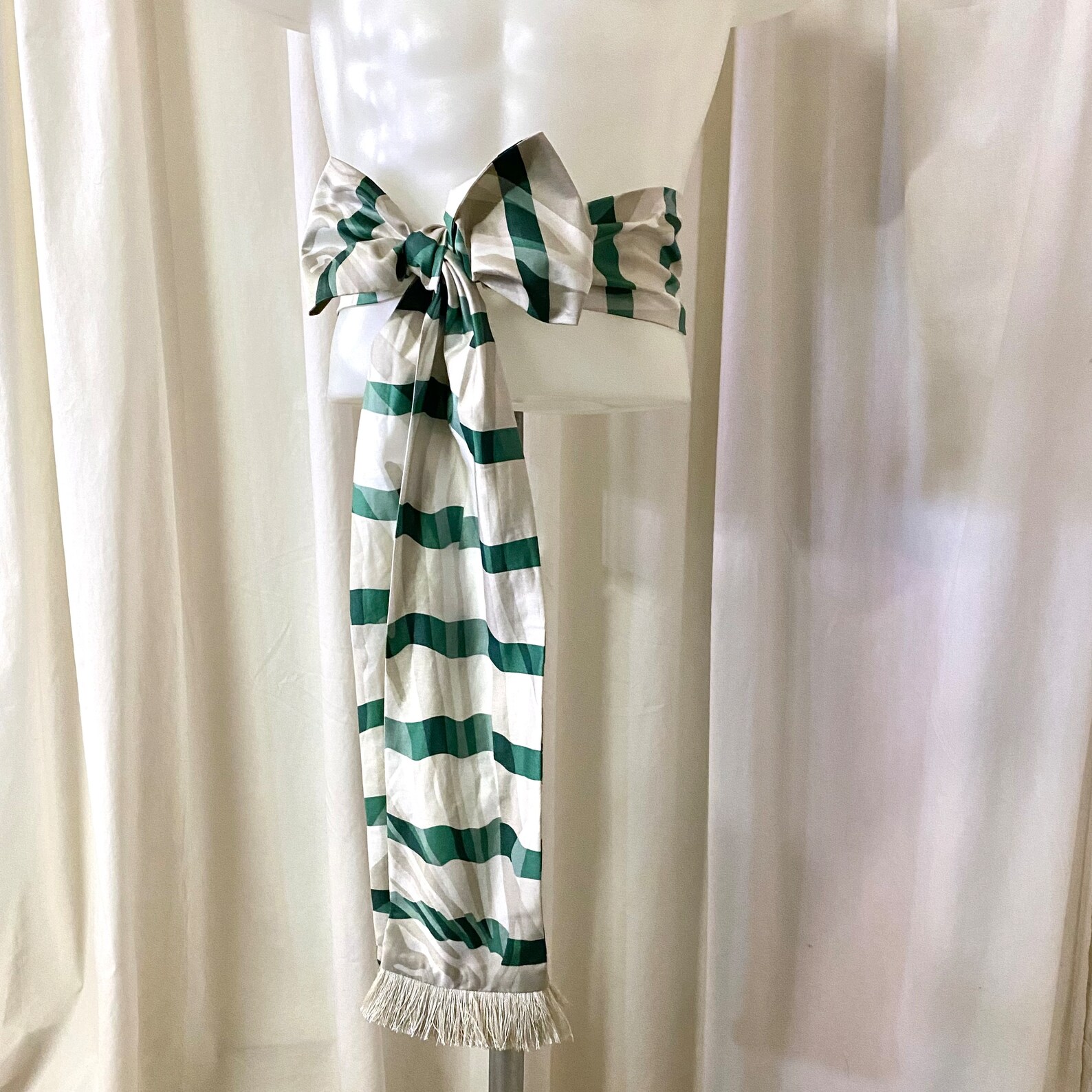 Striped Sash or Tie Belt in Off-white Green & Taupe Cotton W/off-white ...