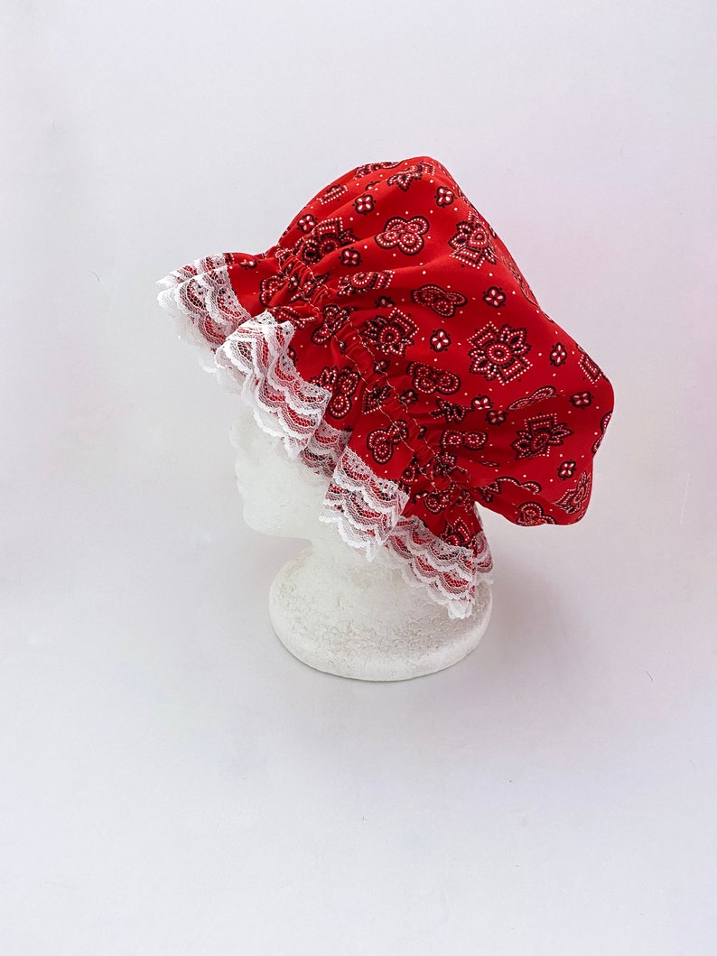 Red Cotton Calico Mop Cap in a Bandana Print With White Lace - Etsy