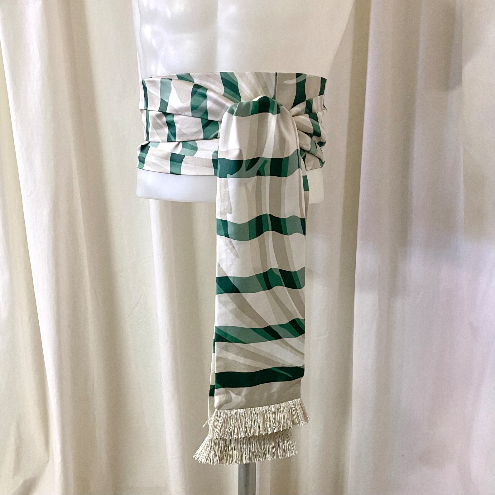 Striped Sash or Tie Belt in Off-white Green & Taupe Cotton W/off-white ...
