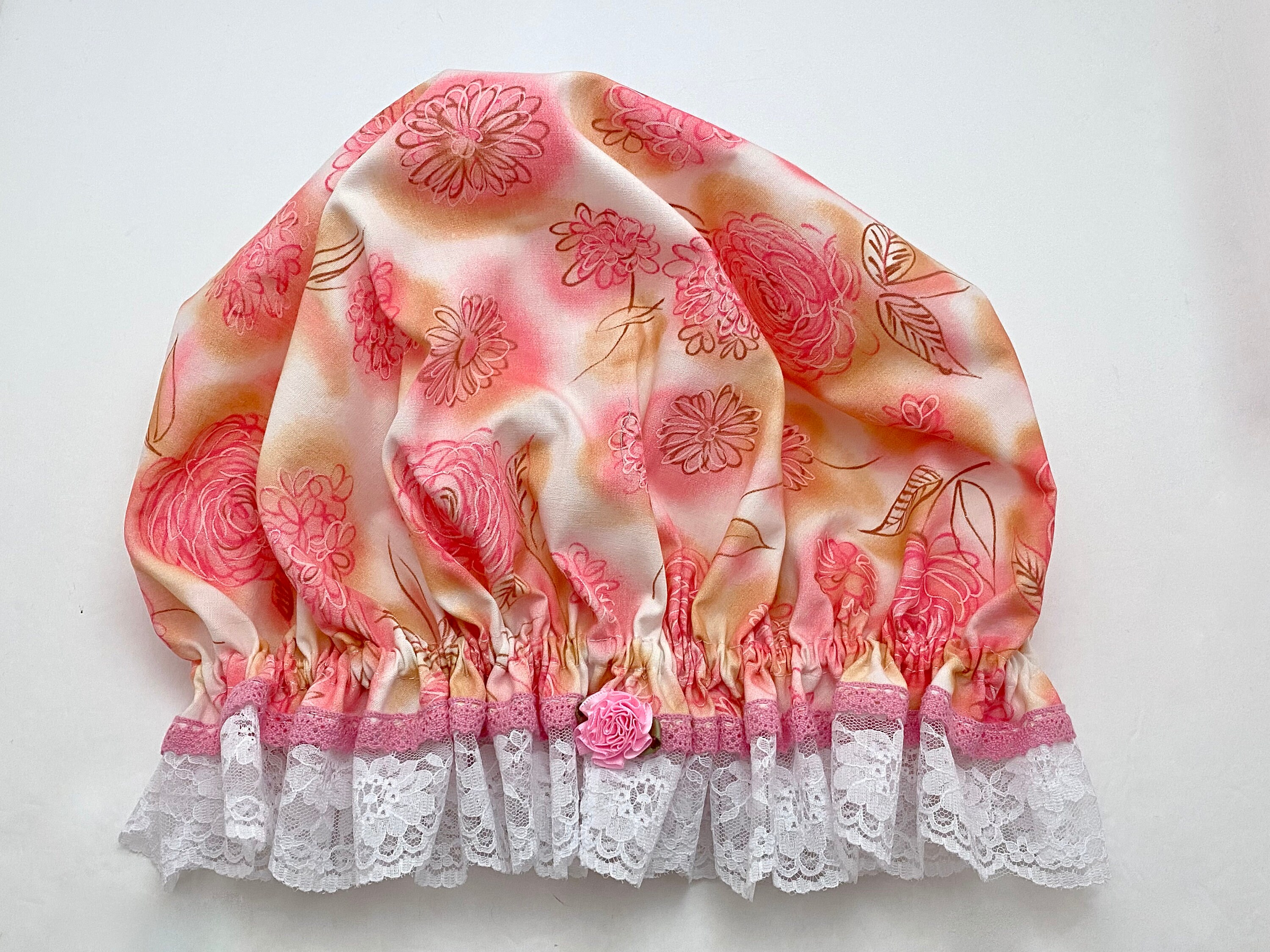 Pink & Coral Floral Print Cotton Mob Cap for Historical Cosplay W/white ...