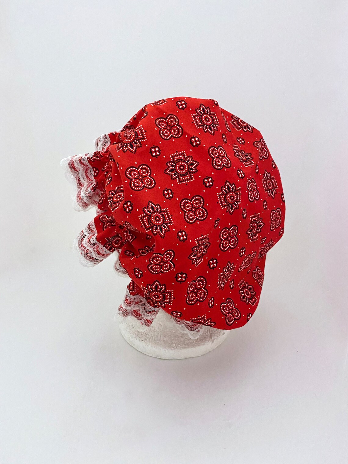 Red Cotton Calico Mop Cap in a Bandana Print With White Lace - Etsy