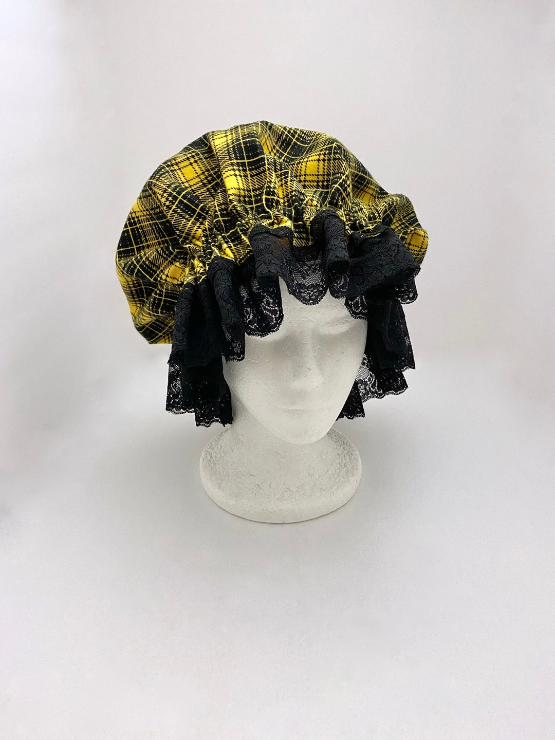 Cotton Flannel Nightcap in Yellow & Black Plaid With Black Lace Trims ...