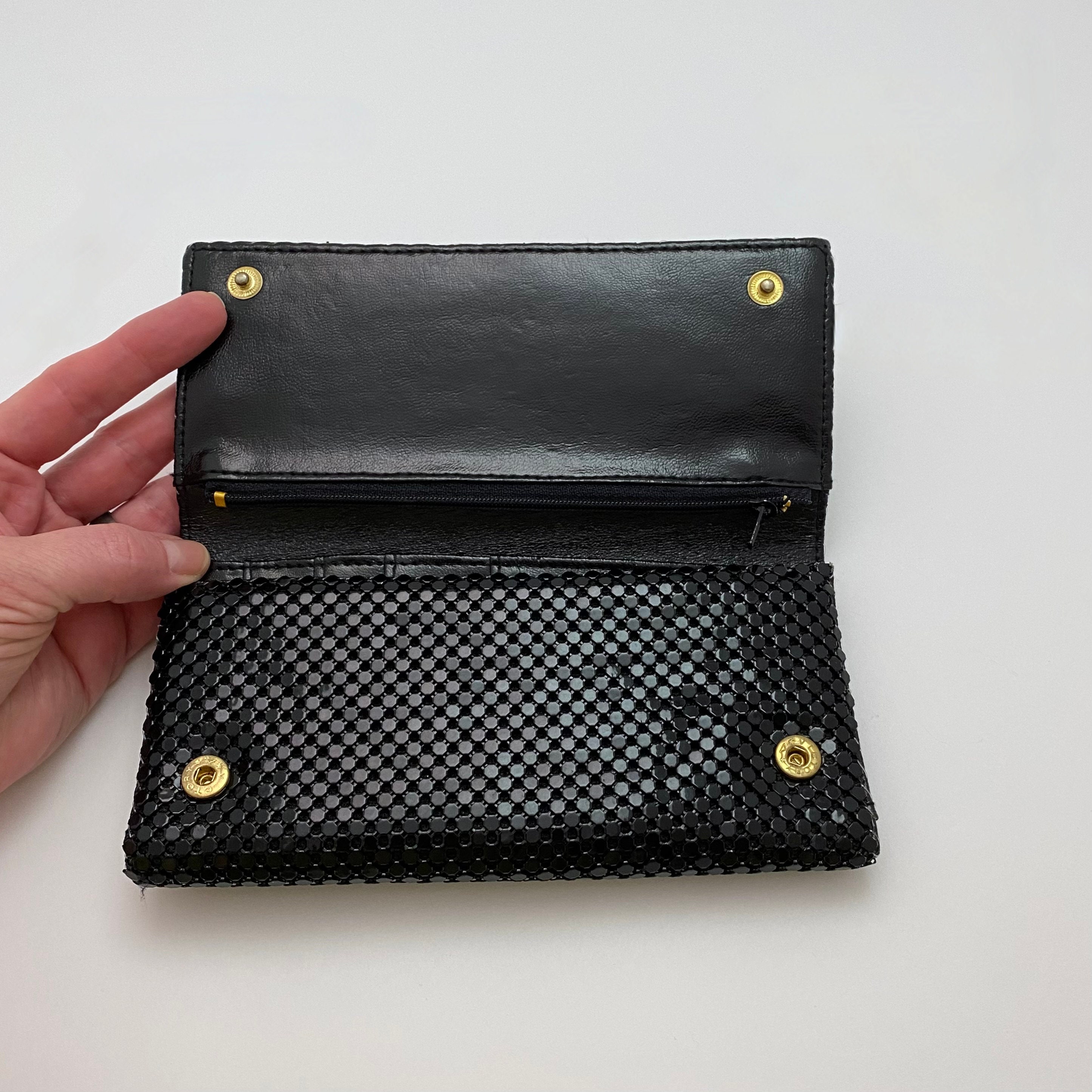 Vintage Black Metal Mesh Trifold Wallet Purse With Snap Closure, Faux ...