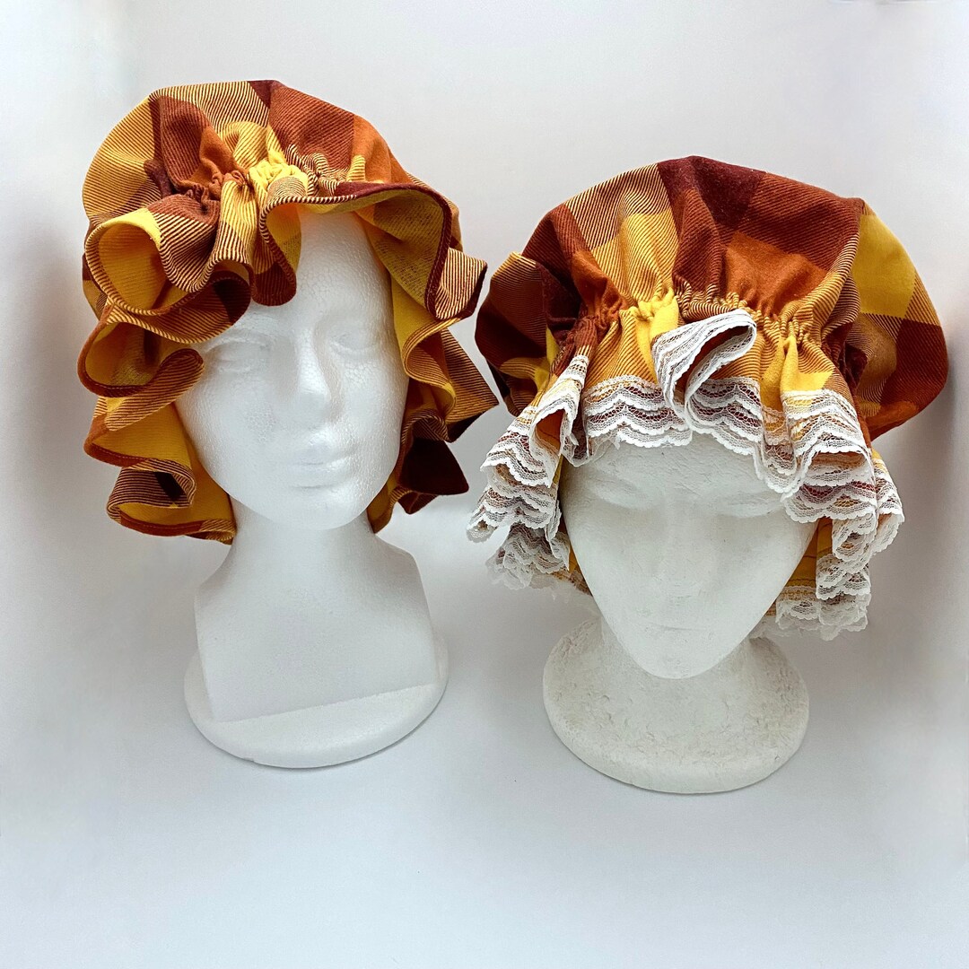 Plaid Cotton Flannel Mob Cap in Orange, Rust & Burgundy W/ivory Lace ...