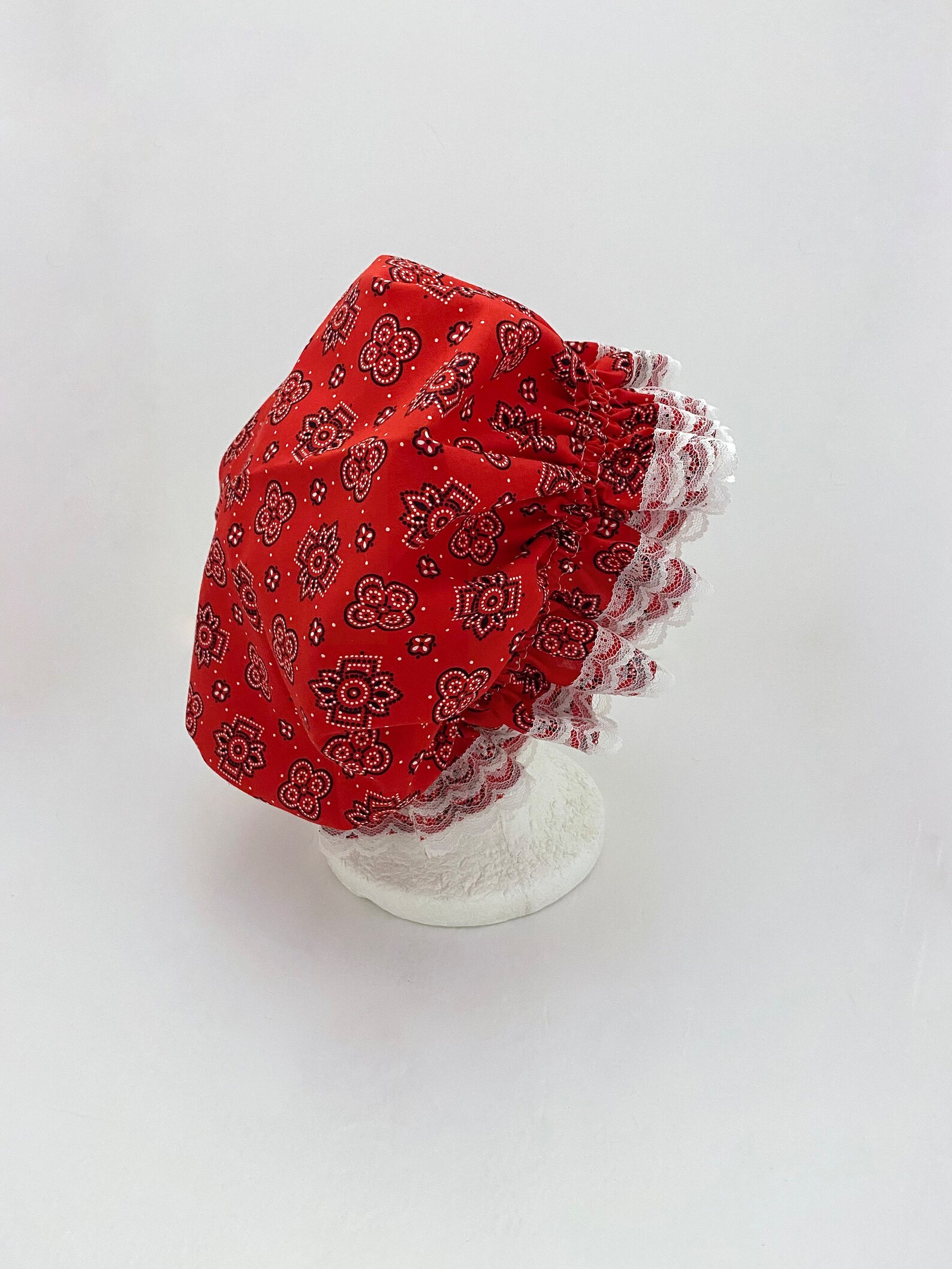 Red Cotton Calico Mop Cap in a Bandana Print With White Lace - Etsy